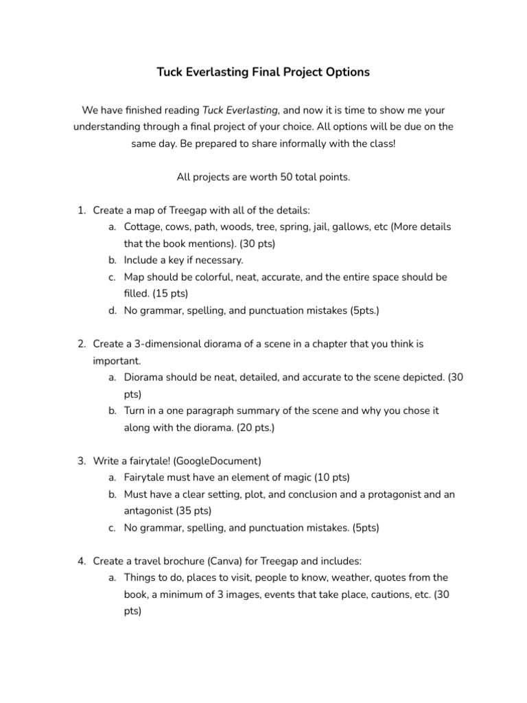 Tuck Everlasting Final Project Options 1 | PDF | Teaching Methods ...