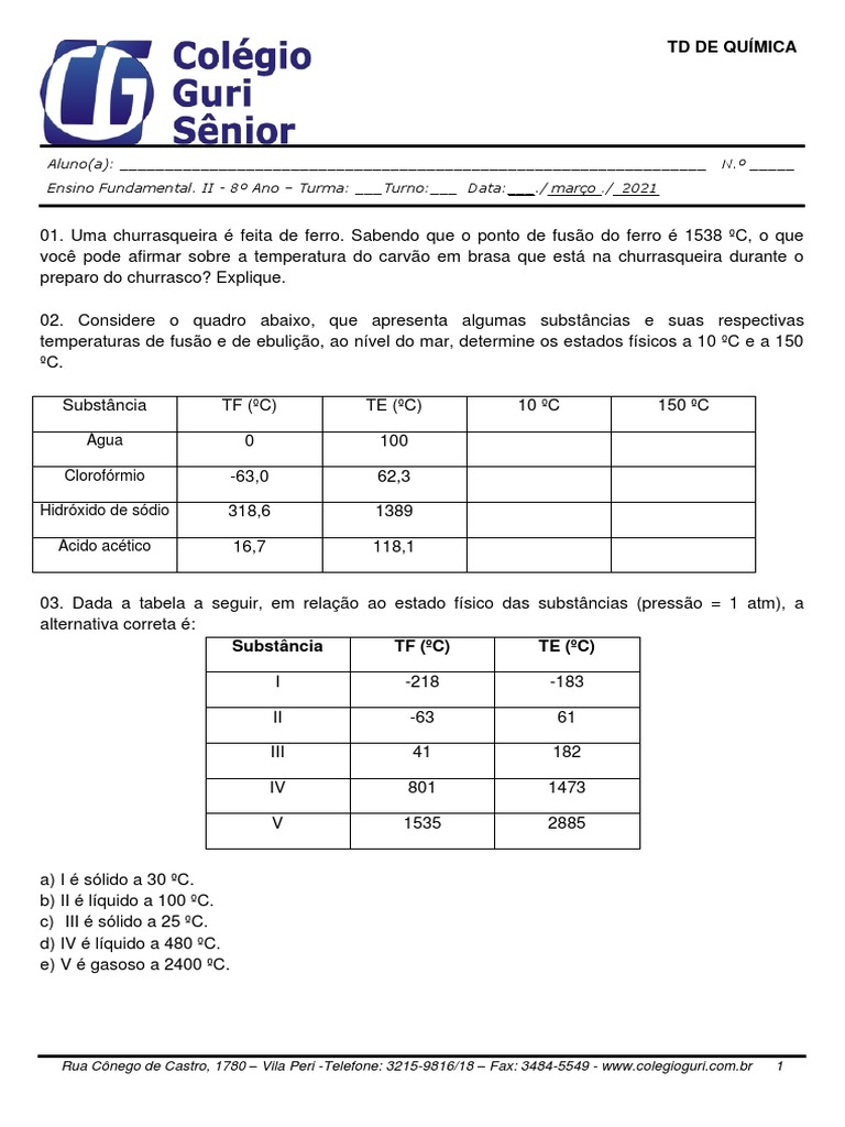 TD Dequmica 8 Ano-30.03.21 | PDF | Líquidos | Celsius