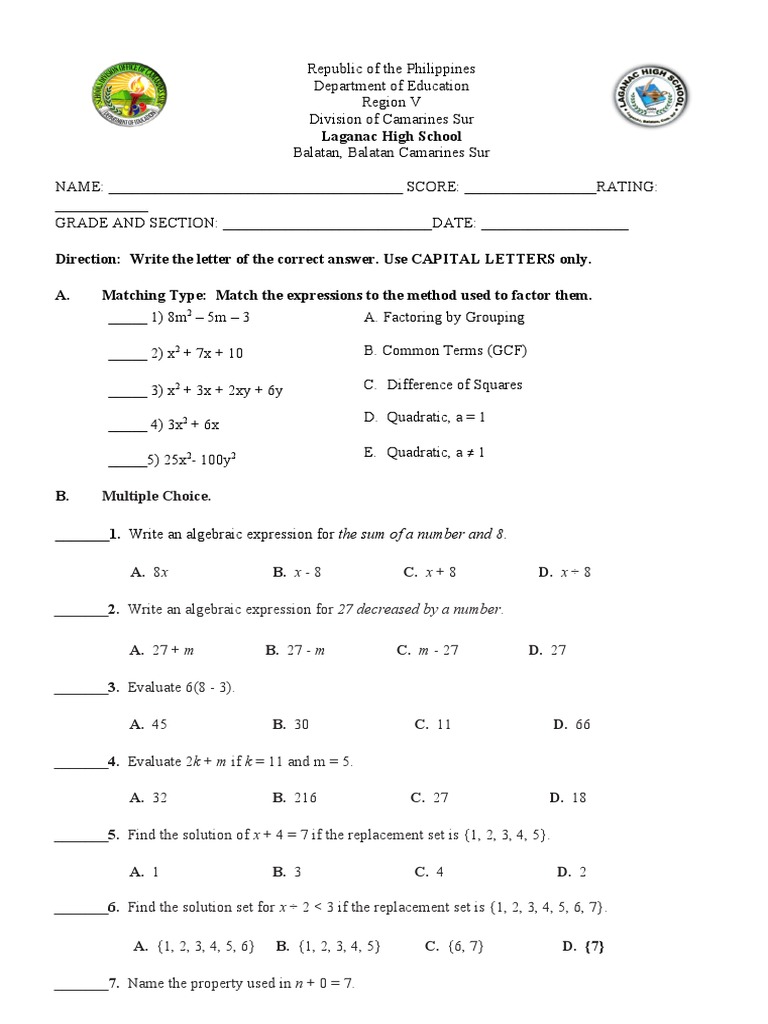 Algebra 1 Test | PDF | Area | Number Theory
