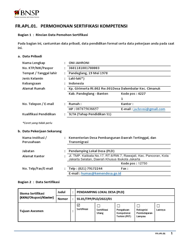 Form .APL.01. PLD ONI JAHRONI | PDF