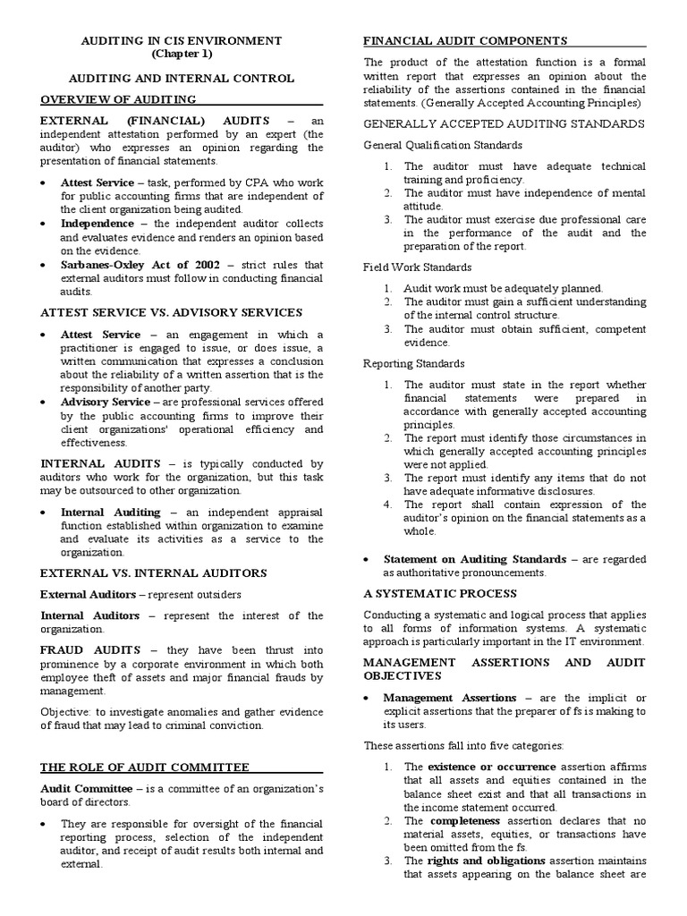 AUDITING IN CIS ENVIRONMENT Reviewer Chap 1 3 | PDF | Financial Audit | Internal Control