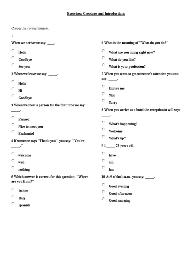 Greetings and Introductions Exercises | PDF