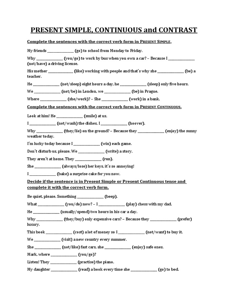 Present Simple Continuous and Contrast Grammar Drills Tests 100490 ...
