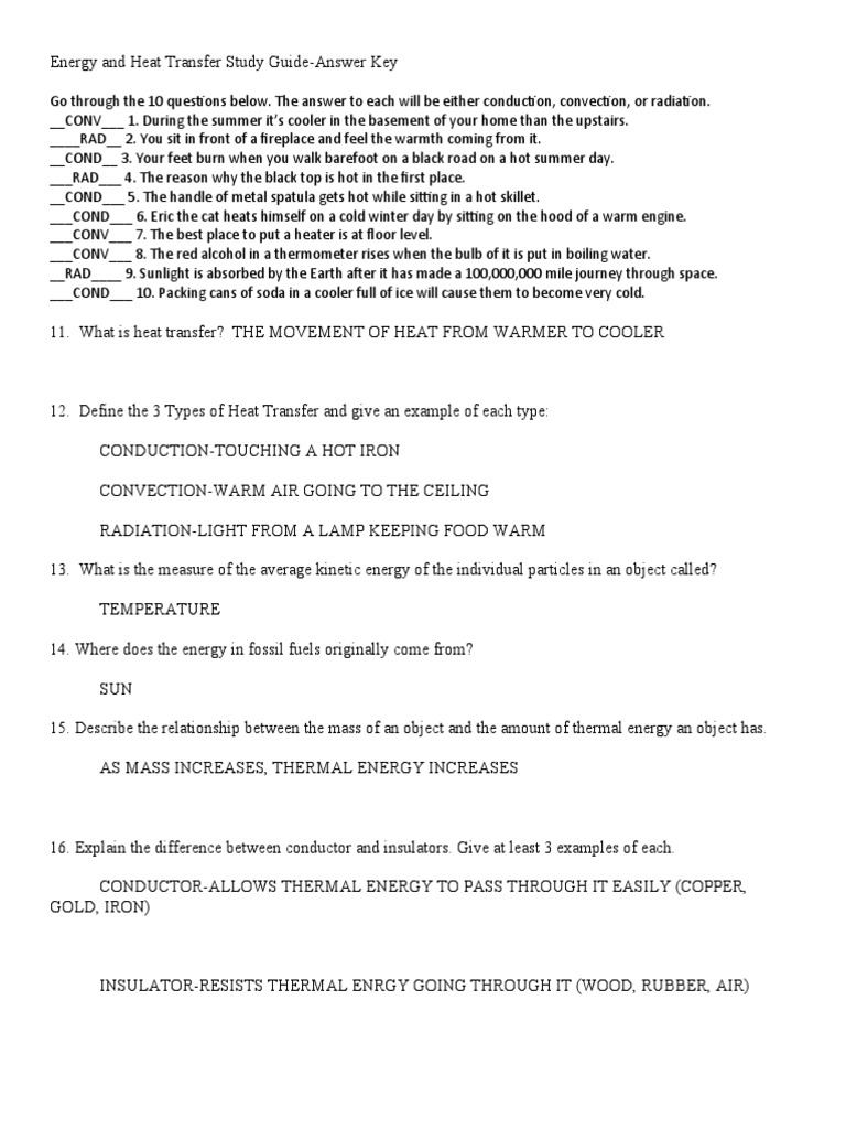 Energy and Heat Transfer Answers To Study Guide | PDF | Heat Transfer ...