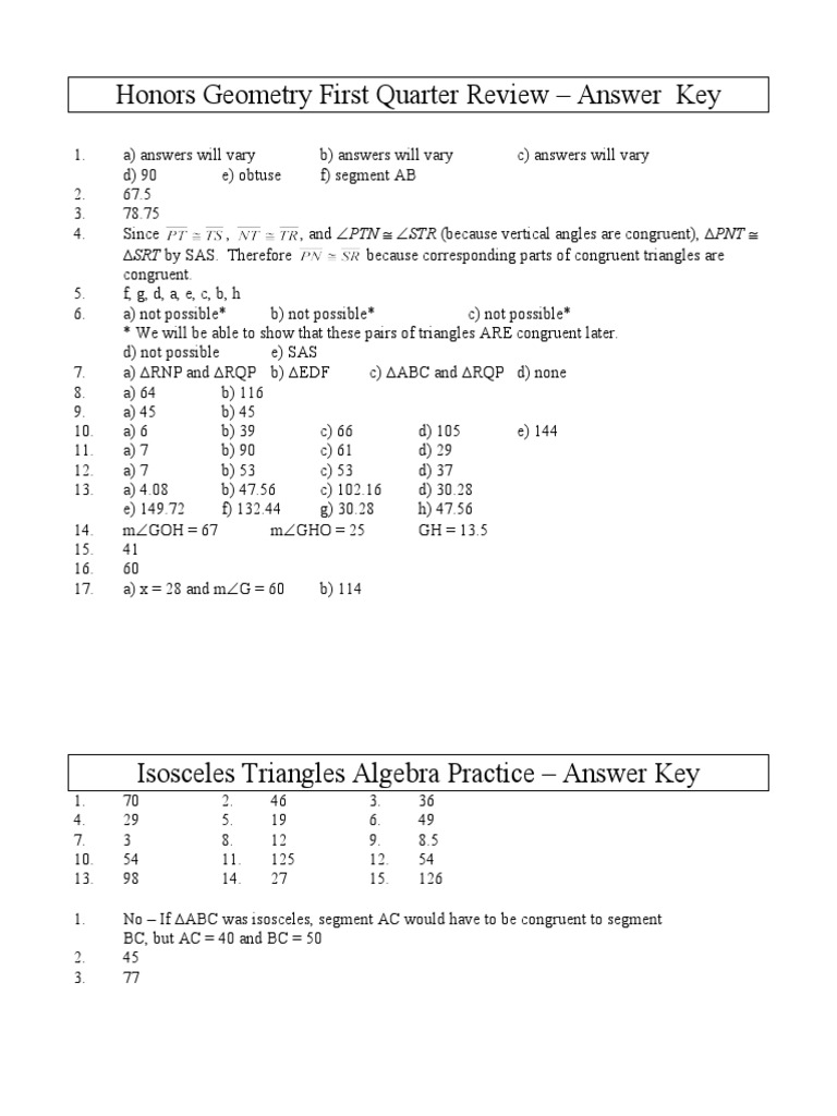 Geometry First Quarter Review Answers | PDF | Triangle | Euclidean ...
