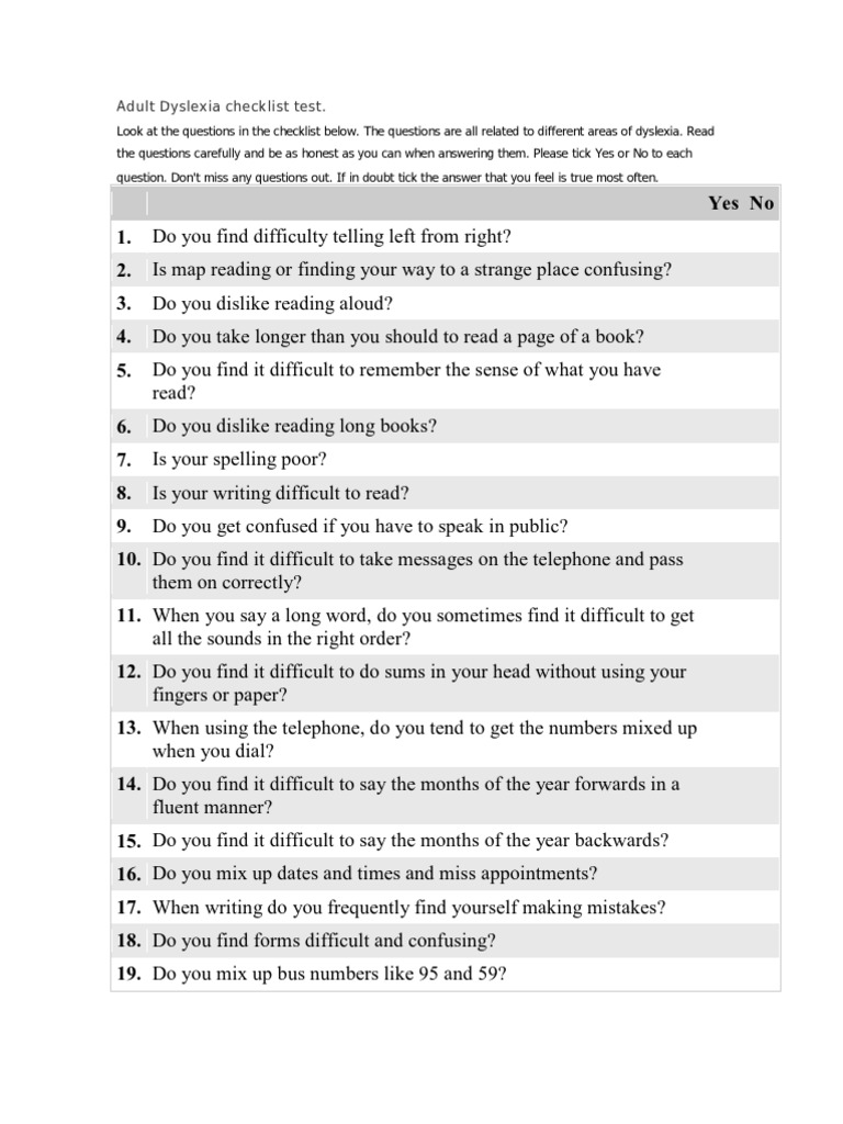 Adult Dyslexia Checklist Test | PDF