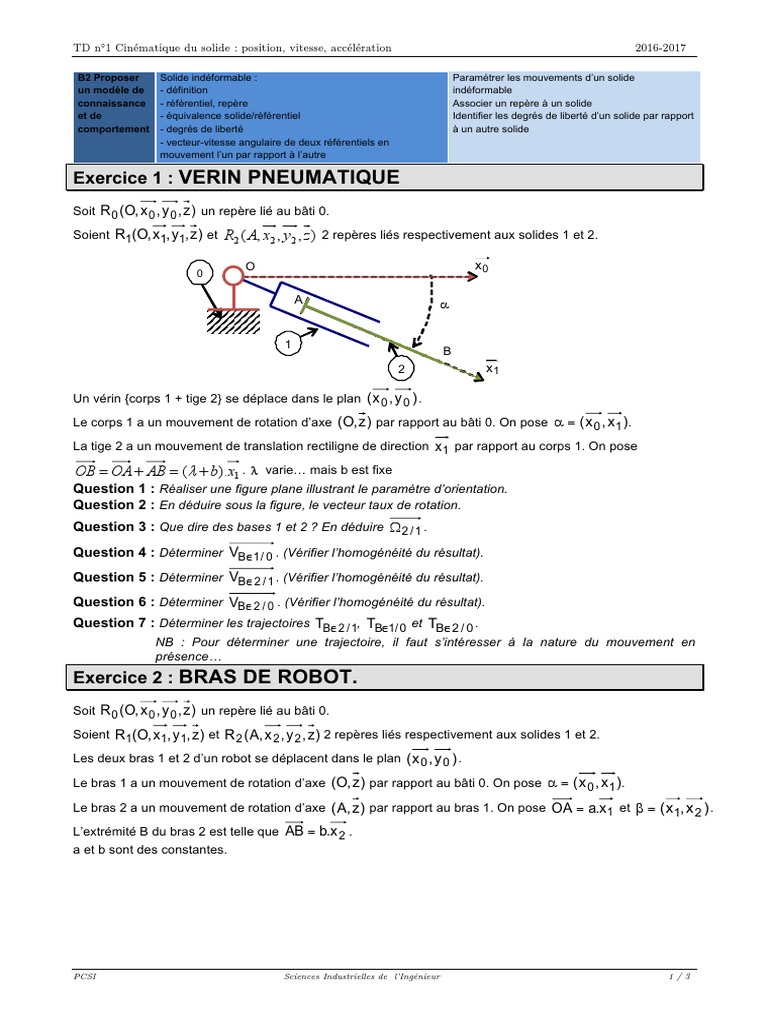 TD N°1 Cinématique Du Solide Dérivation Temporelle | PDF | Mouvement de ...