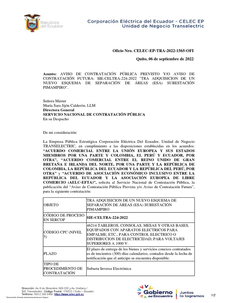Oficio Nro. CELEC-EP-TRA-2022-1565-OFI Quito, 06 de Septiembre de 2022 ...