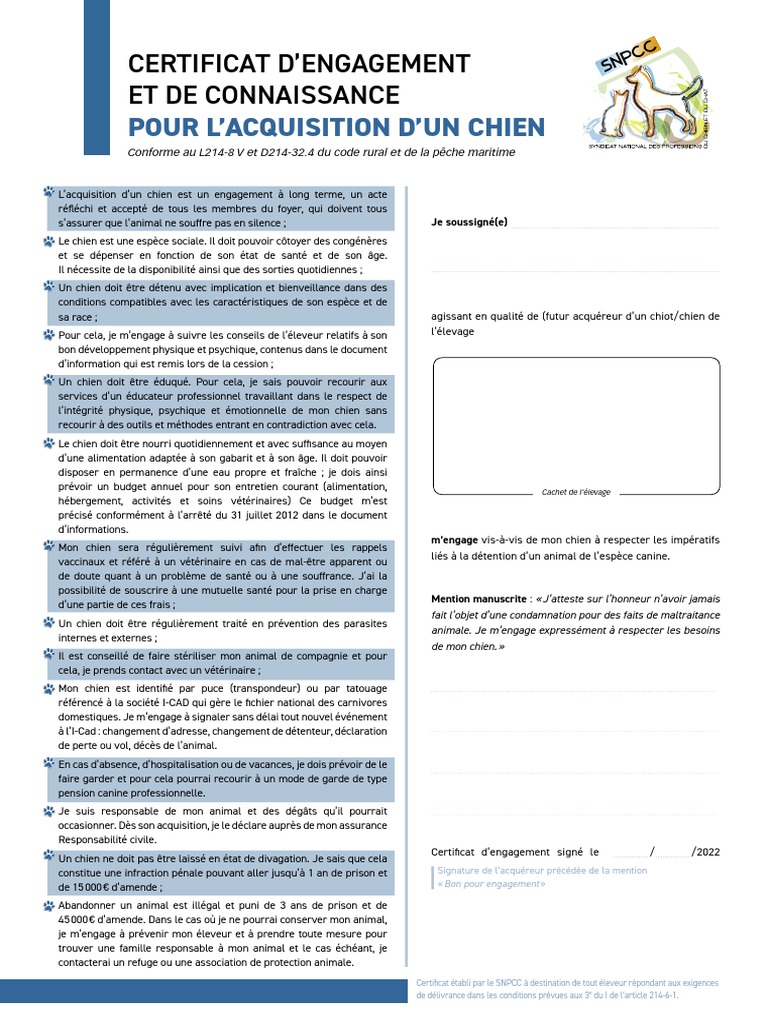 Certificat Engagement Et de Connaissance Pour Acquisition Chien | PDF | Chiens | Chats