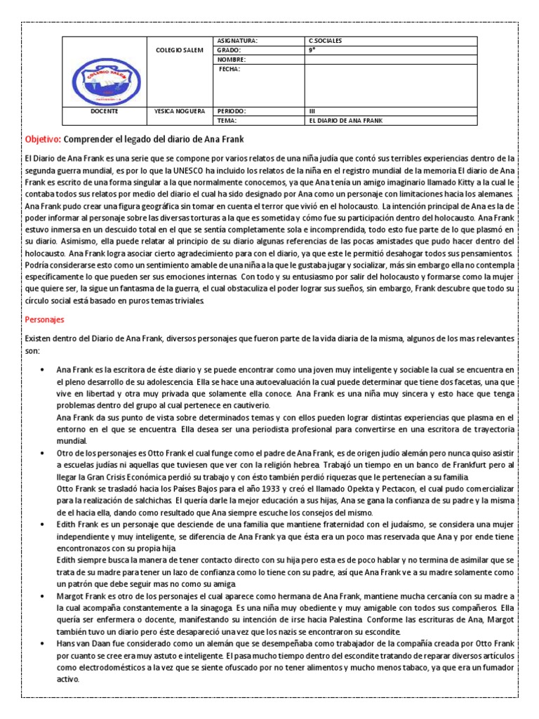 Actividad Logro Diario de Ana Frank | PDF | Anne Frank