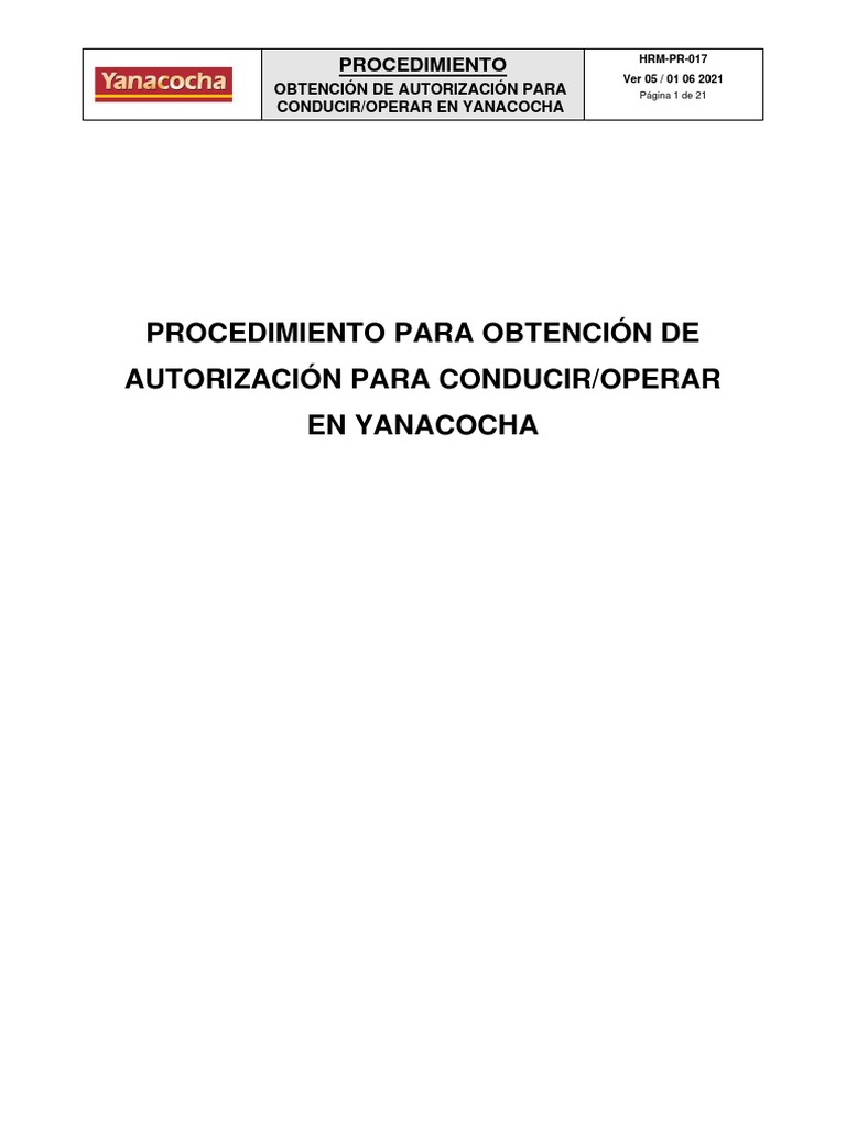 HRM-PR-017 Procedimiento de Autorización v5 | PDF | Licencia de conducir | Minería