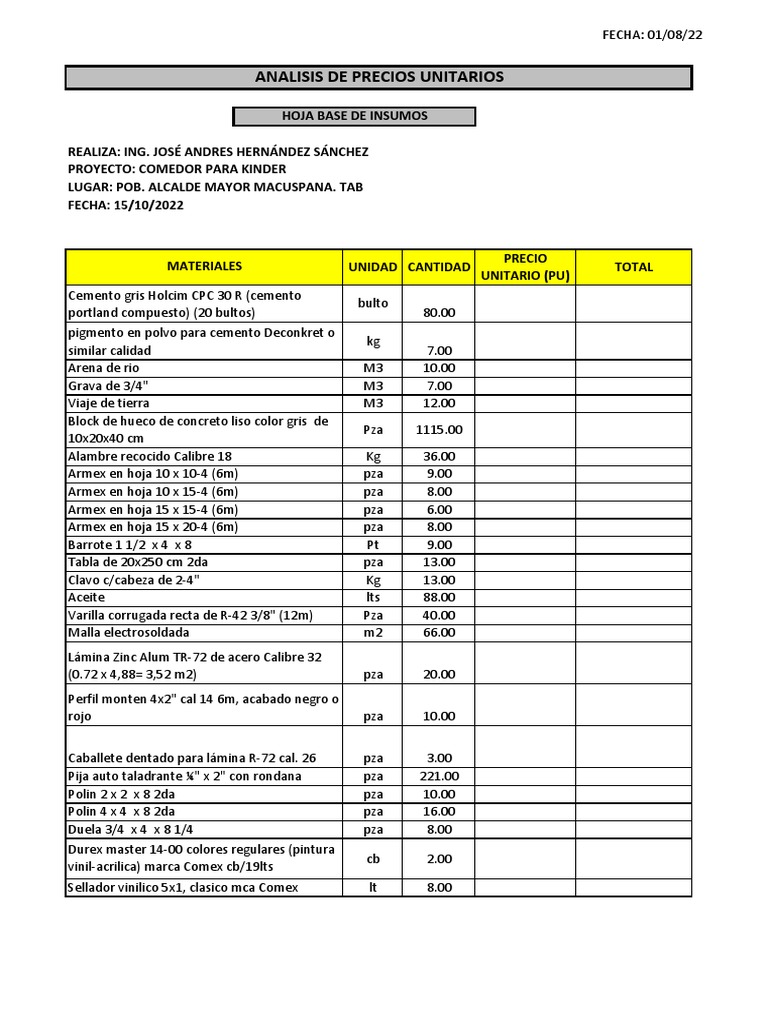 Explosion de Insumos Kinder | PDF | Cemento | Ingeniería de Edificación
