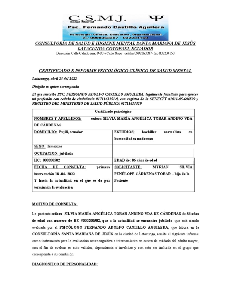 Certificado E Informe Psicológico Clínico De Salud Mental Pdf 5711