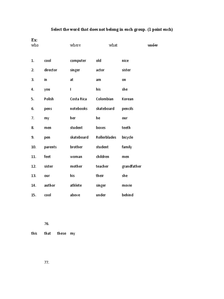 Select The Word That Does Not Belong in Each Group | PDF | Sports ...