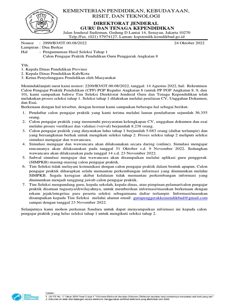 Pengumuman Seleksi Tahap 1 CPP A8 - Provinsi Banten | PDF
