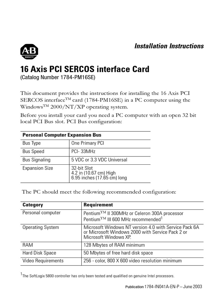 16 Axis PCI SERCOS Interface Card: Installation Instructions | PDF ...