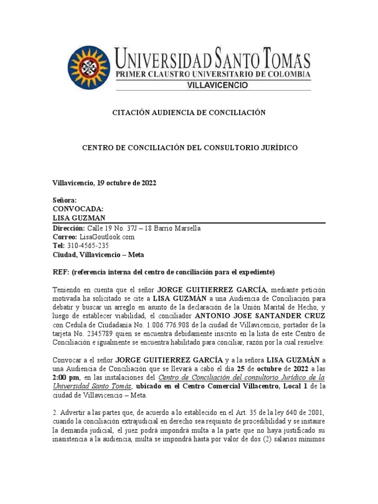 Citación A Audiencia De Conciliación Pdf Derecho