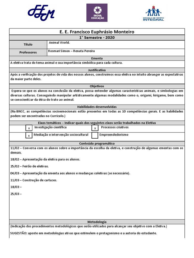 Modelo de Plano de Eletiva | PDF