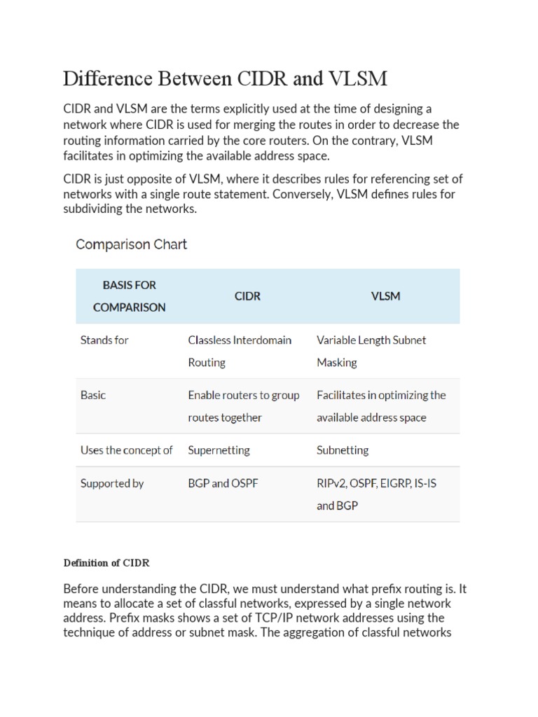 Difference Between CIDR and VLSM | PDF | Ip Address | Computer Engineering
