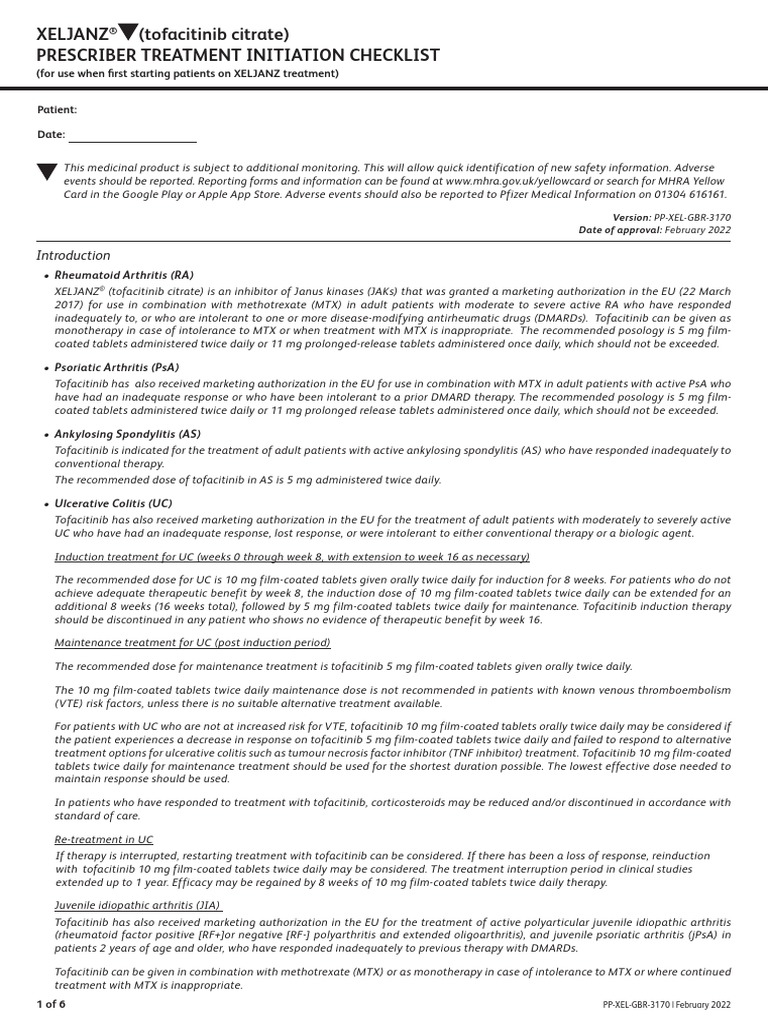 Xeljanz Initiation Checklist | PDF | Immunology | Causes Of Death