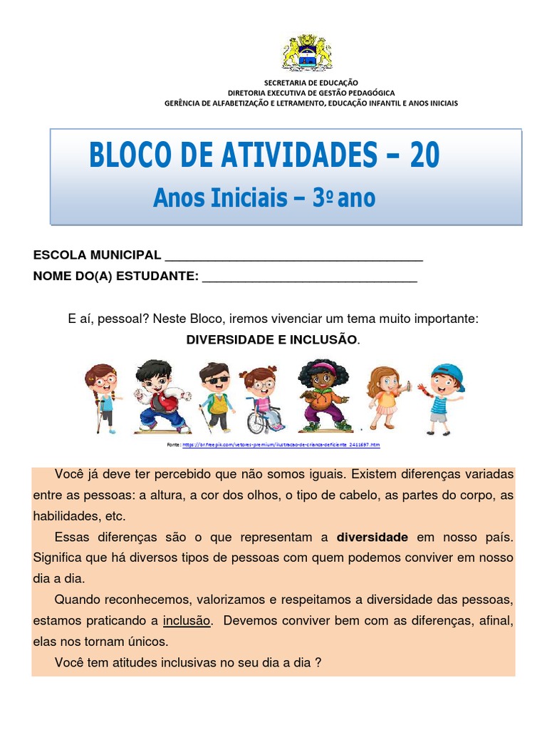 Bloco de Atividades 20 3º Ano Diversidade e Inclusão | PDF