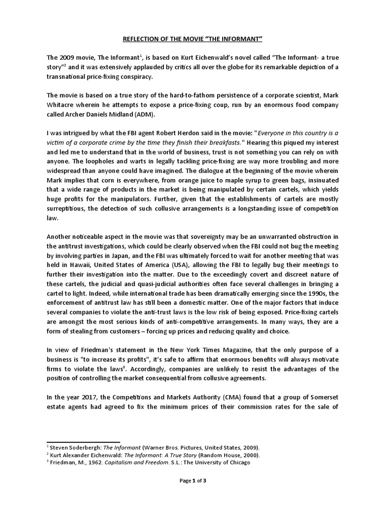 Reflection of The Movie Informant - Revised | PDF | Competition Law ...