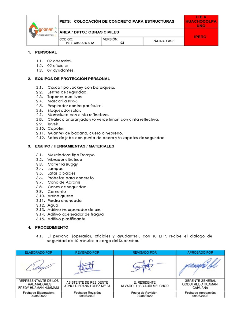Pets-Gronan-Oc-012 - Colocación de Concreto para Estructuras | PDF | Hormigón | Ingeniero civil