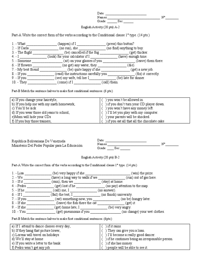 Conditional Clauses 1° Type Exercises | PDF | Syntax | Grammar