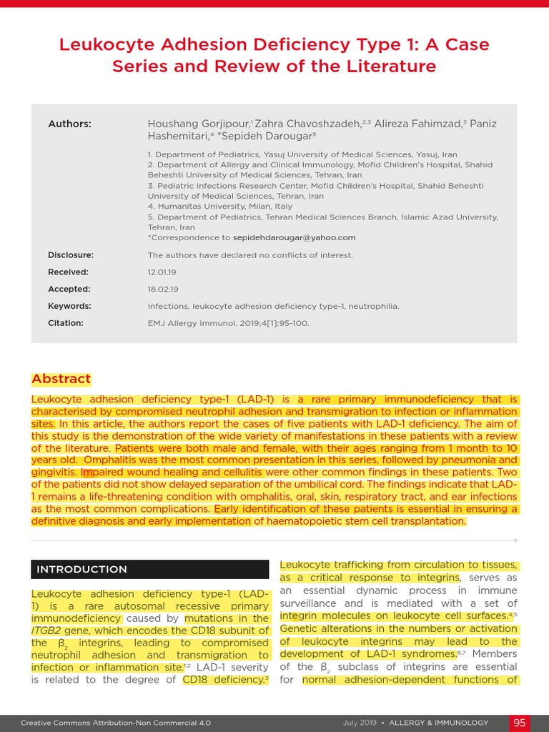 Leukocyte Adhesion Deficiency Type 1 A Case Series and Review... | PDF ...
