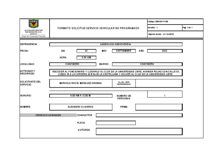 Formato Solicitud De Vehiculo Pdf