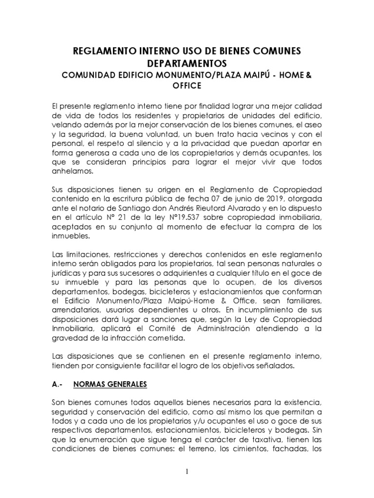 Reglamento Interno DEPTOS - COMUNIDAD Maipú | PDF | Condominio