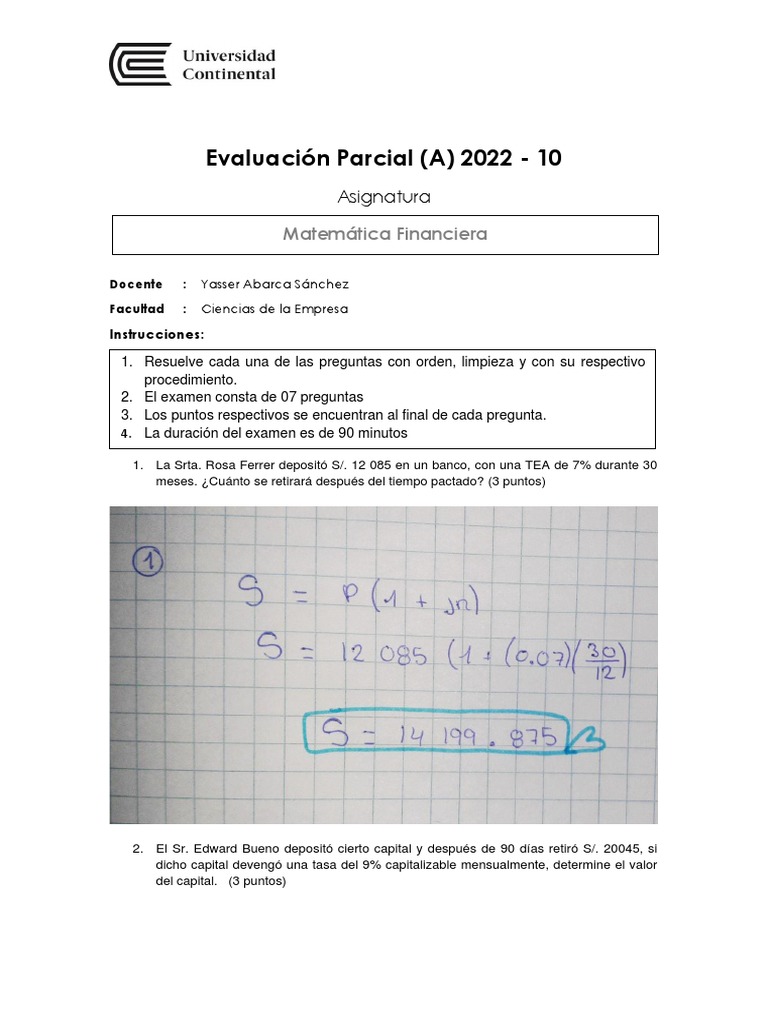 Prueba de Desarrollo - PARCIAL | PDF | Finanzas Matemáticas | Dinero