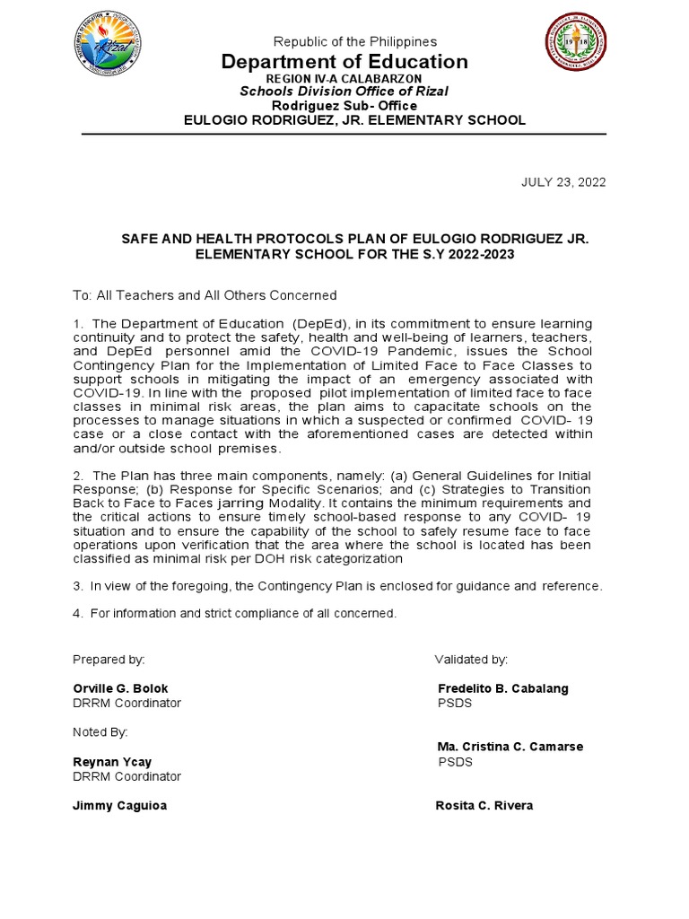 Safe and Health Protocols Plan | PDF | Infection | Learning