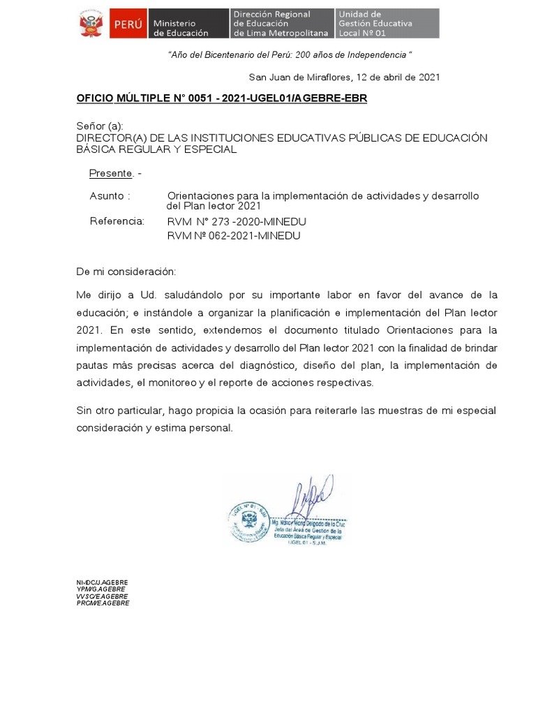 Oficio Multiple #051 2021 UGEL01 AGEBRE EBR 20 04 2021 | PDF | Método de enseñanza | Educación ...