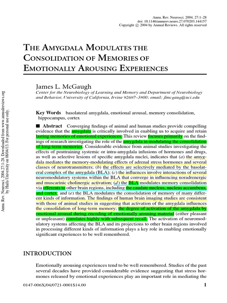 The Amygdala Modulates The Consolidation of Memories of Emotionally ...