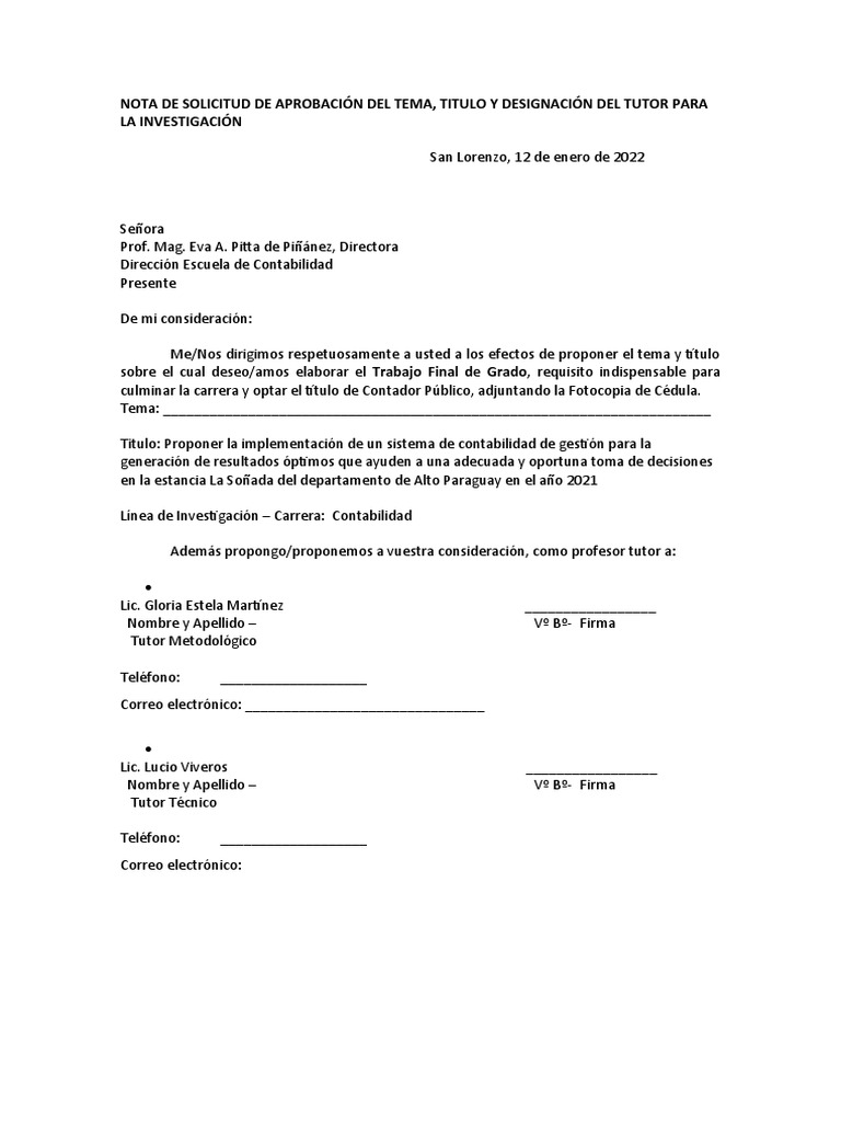 Solicitud de aprobación de tema, título, tutores y grupo de ...