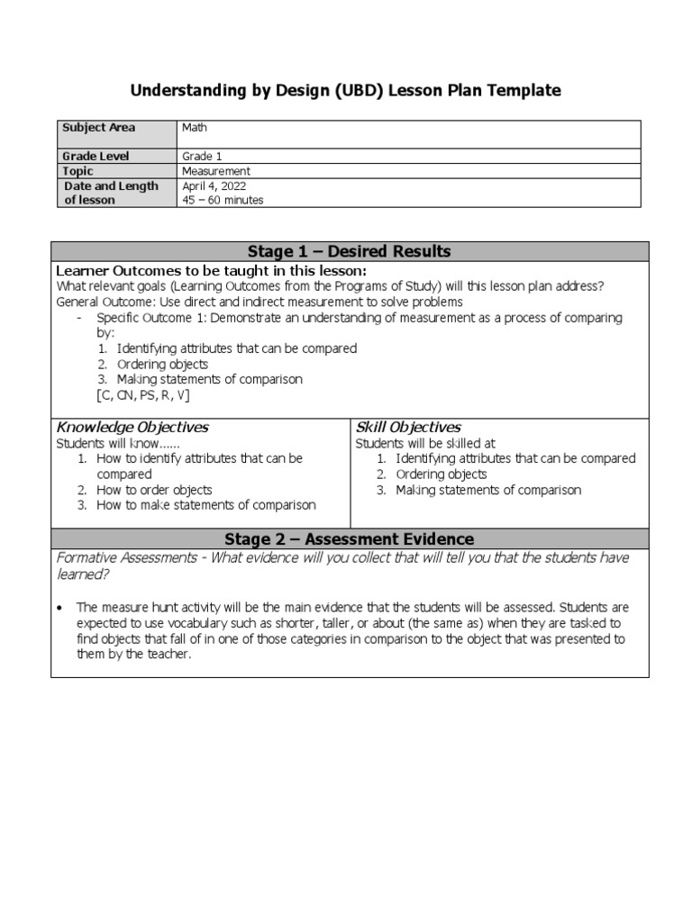 Grade 1 Measurement Lesson Plan | PDF | Lesson Plan | Educational ...