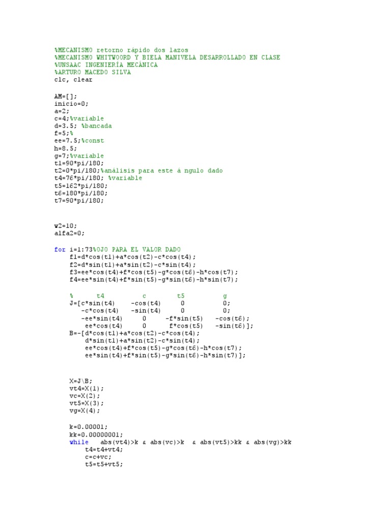 Código Matlab MECANISMO Retorno Rápido y Biela Manivela Velo y Acele | PDF | Métodos y ...