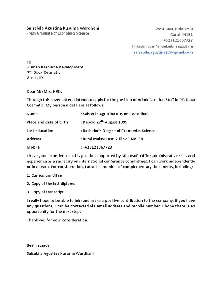 Cover Letter, CV, Diploma, Transcript - Salsabila Agustina Kusuma ...