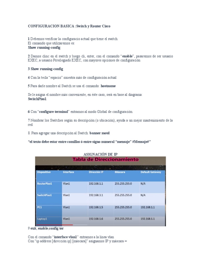 Configuracion Basica Switch y Router de Cisco | PDF | Dirección IP | Ingeniería Informática
