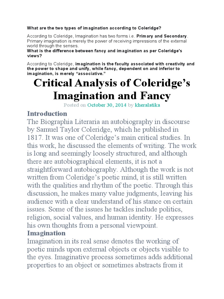 What Are The Two Types of Imagination According To Coleridge | PDF ...