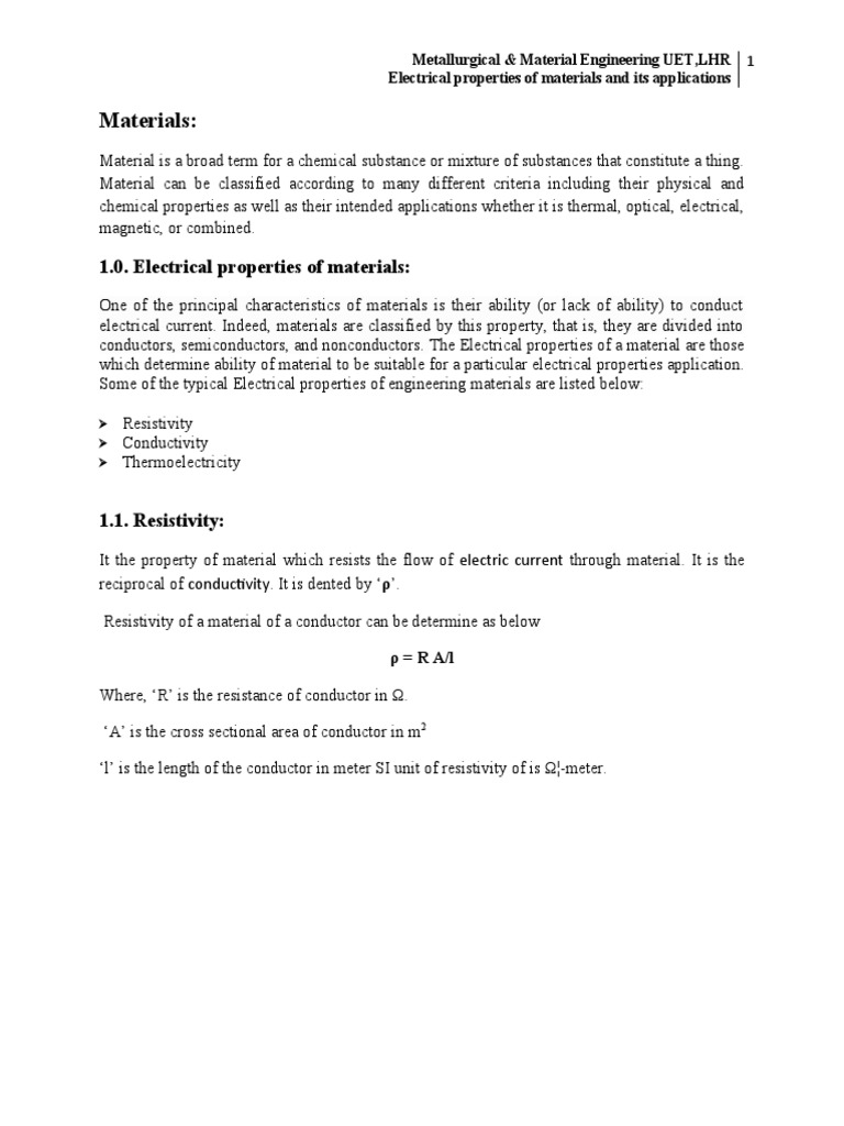 Electrical Properties of Materials Explained | PDF | Metals ...