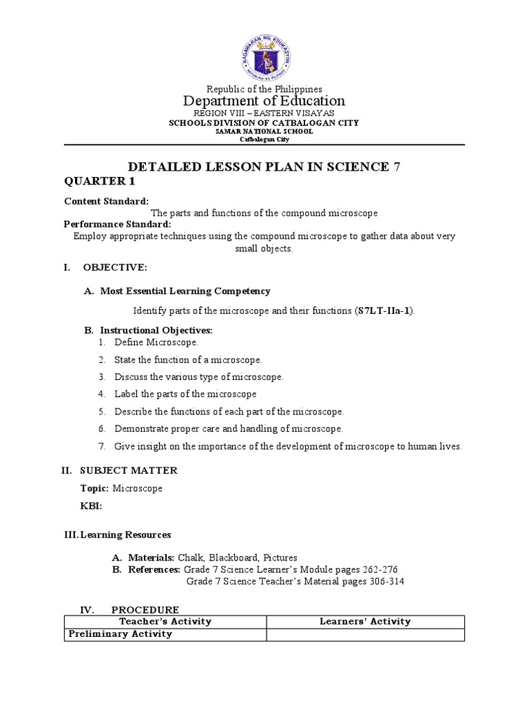 LESSON PLAN IN Microscope Grade 7 | PDF | Chemical Elements | Chemical ...