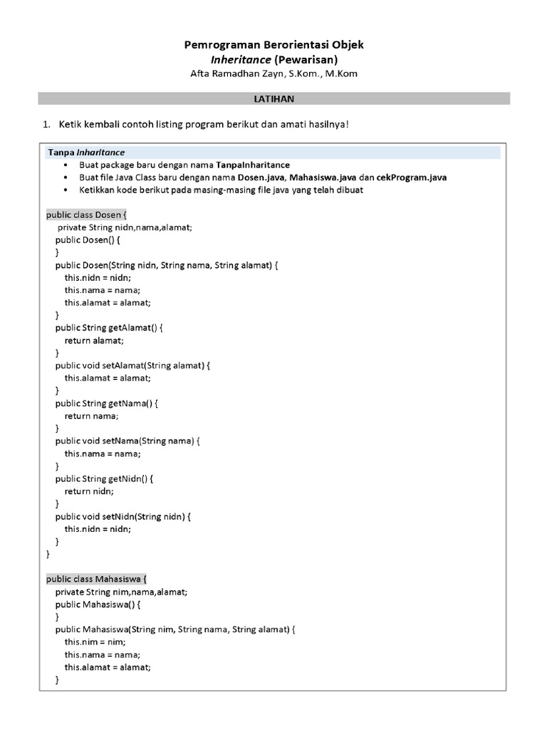 8 PBO - Inheritance (Pewarisan) Latihan Dan Tugas | PDF