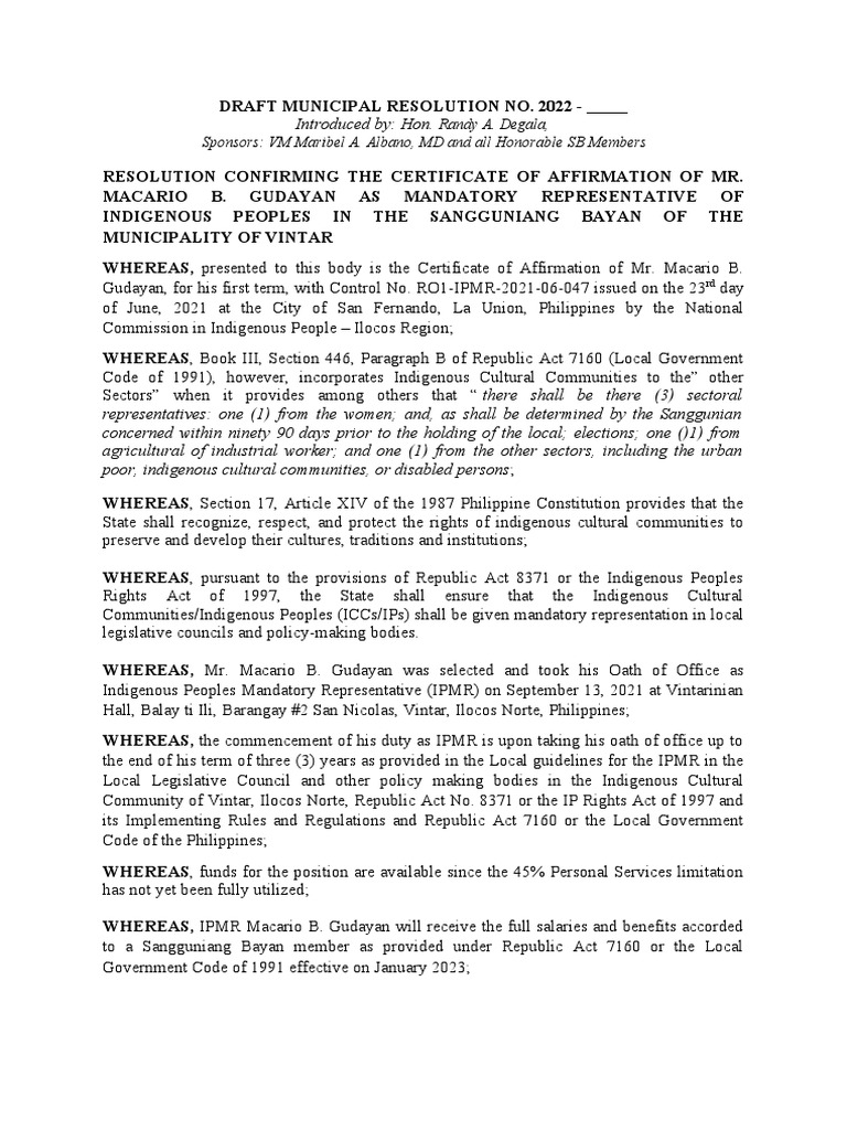 Draft Municipal Resolution Ipmr | PDF | Government | Social Institutions