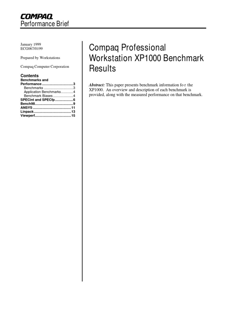 Compaq Professional Workstation XP1000 Benchmark Results: Performance Brief | Download Free PDF ...
