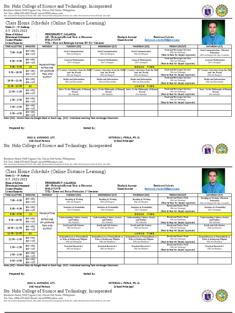 Class Program Tvl-He Odl (2021-2022) | PDF | Academic Term