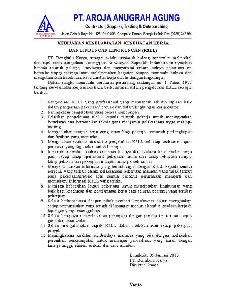 1.a. Kebijakan k3ll Revisi | PDF