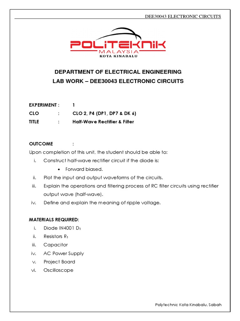 Pw1 Half Wave Rectifier Sesi 2 2021 2022 Pdf Rectifier Diode
