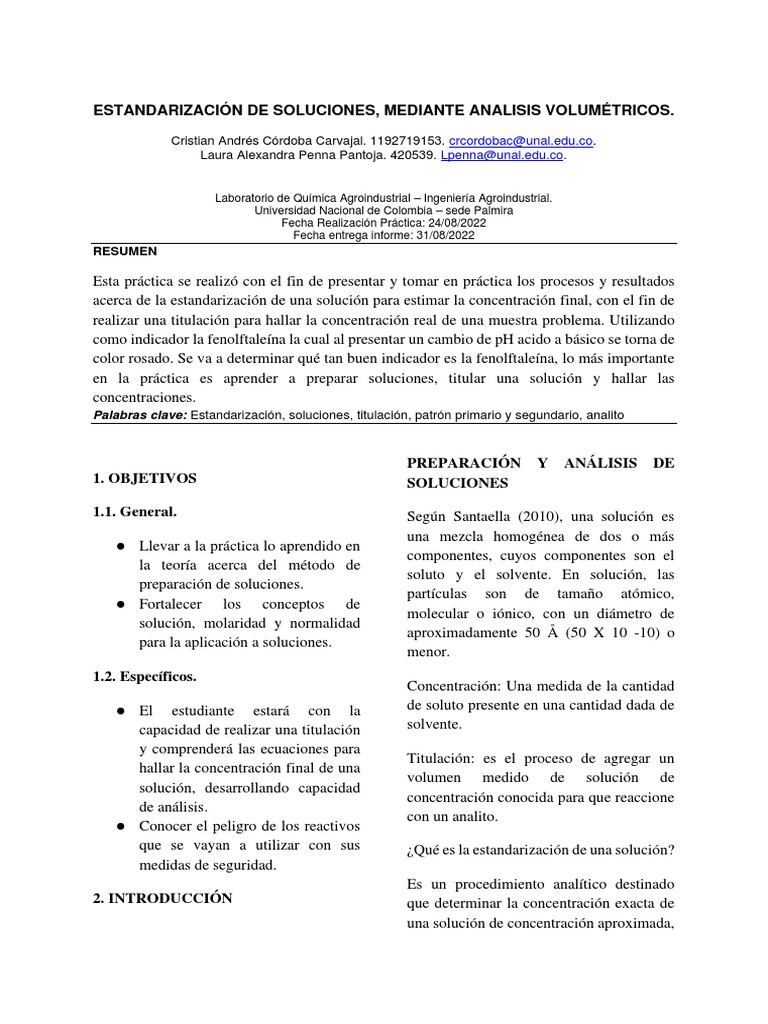 Informe Preparacion y Estandarizacion de Soluciones | PDF | Valoración | Química
